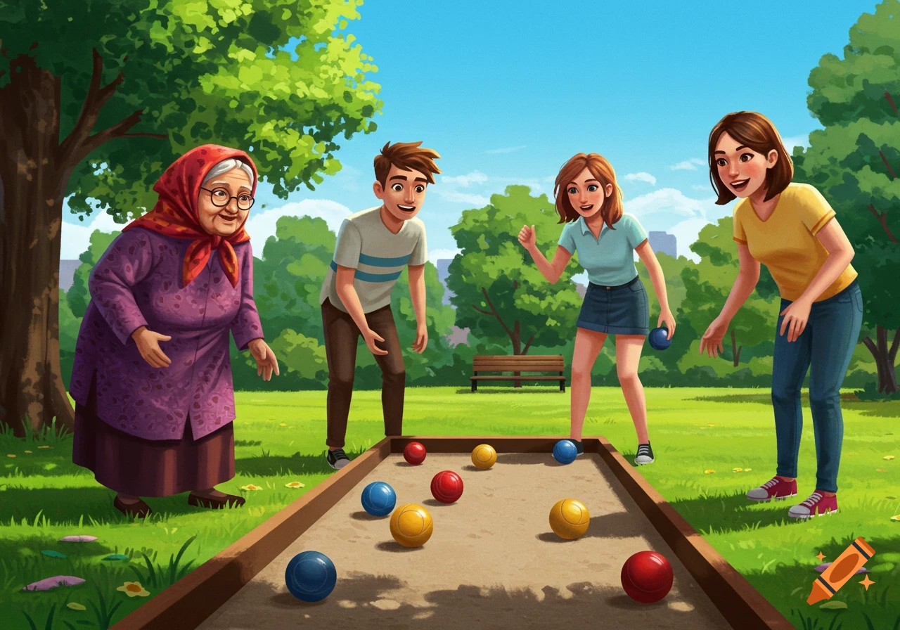 Four people playing bocce ball in a sunny park, cartoon illustration ...