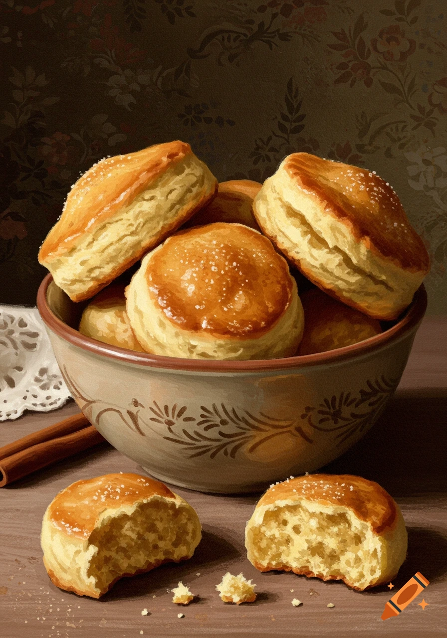 A still life painting of biscuits in a bowl and broken on a table. on ...