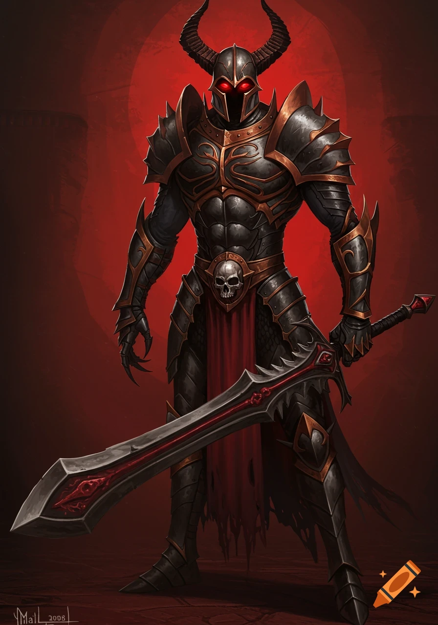 A dark fantasy warrior in black and red horned armor with glowing red ...