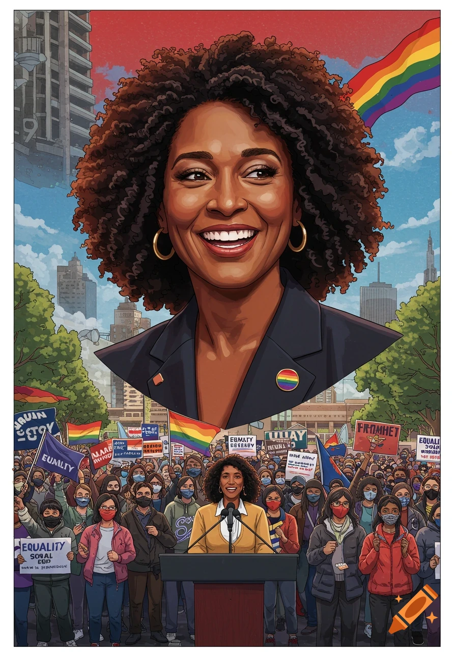 Illustration of a woman speaking at a rally with a crowd holding signs ...