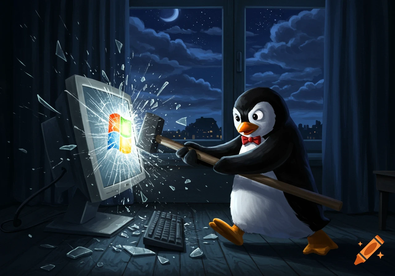 Cartoon penguin Tux smashing a Windows monitor with a hammer at night ...