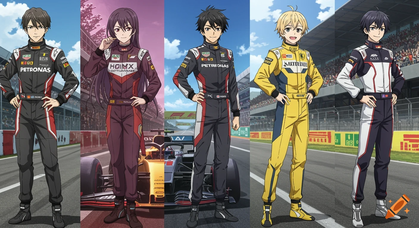 Five anime characters in racing suits stand by a Formula One track with ...