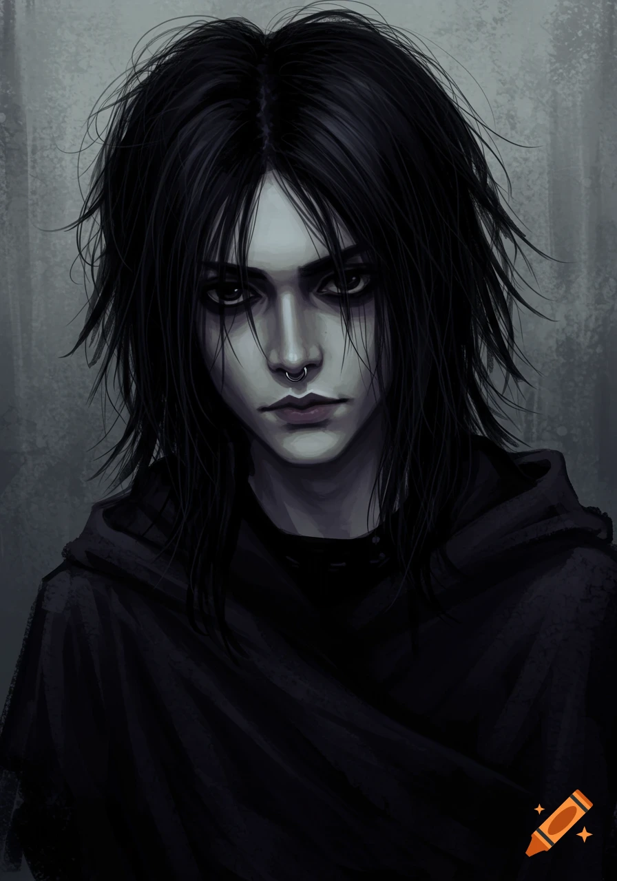 A portrait of a goth person with dark messy hair, dark eye makeup, and a nose ring, wearing a ...