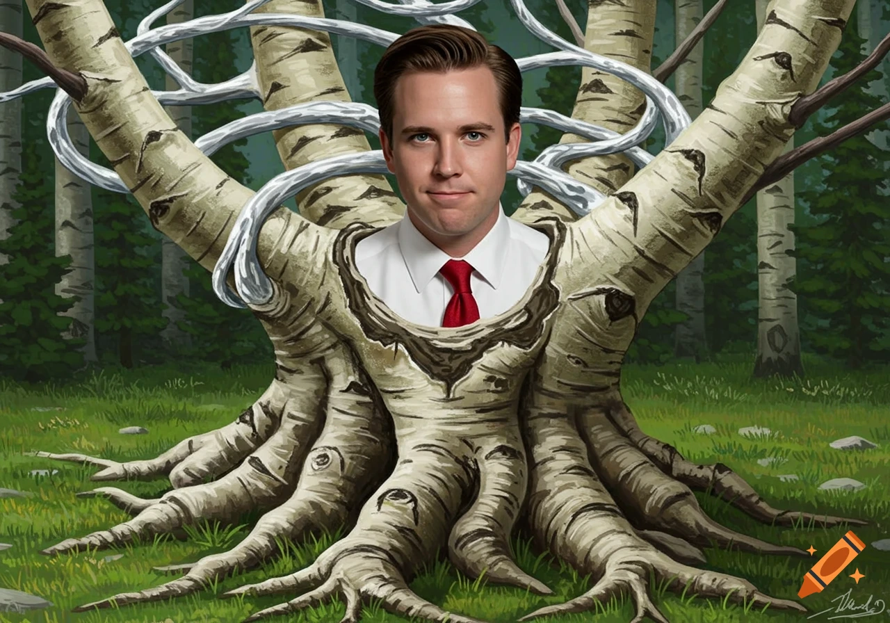 A man's face emerges from the center of a large, multi-trunked aspen ...