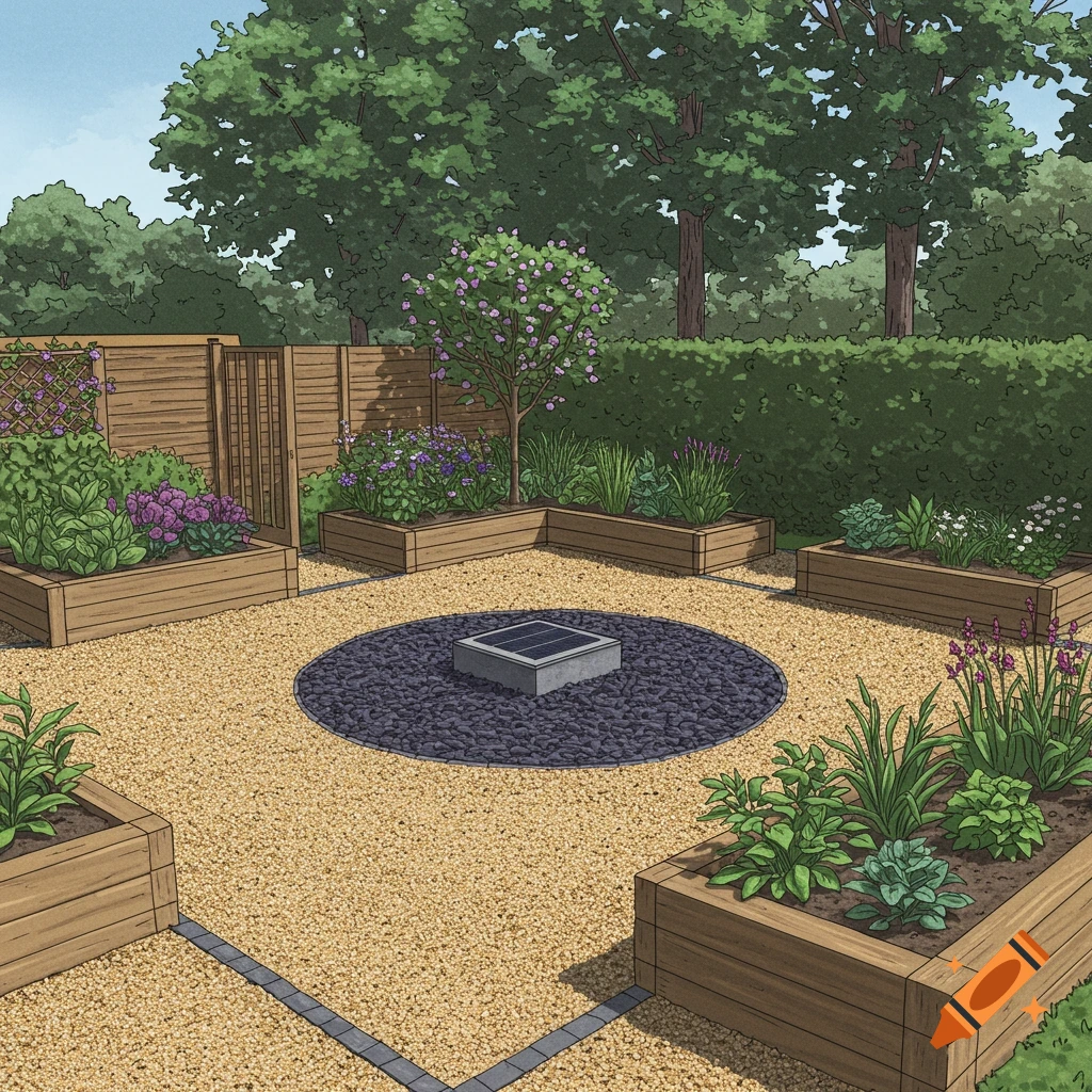 Illustration of a garden design with raised timber beds, gravel patio ...