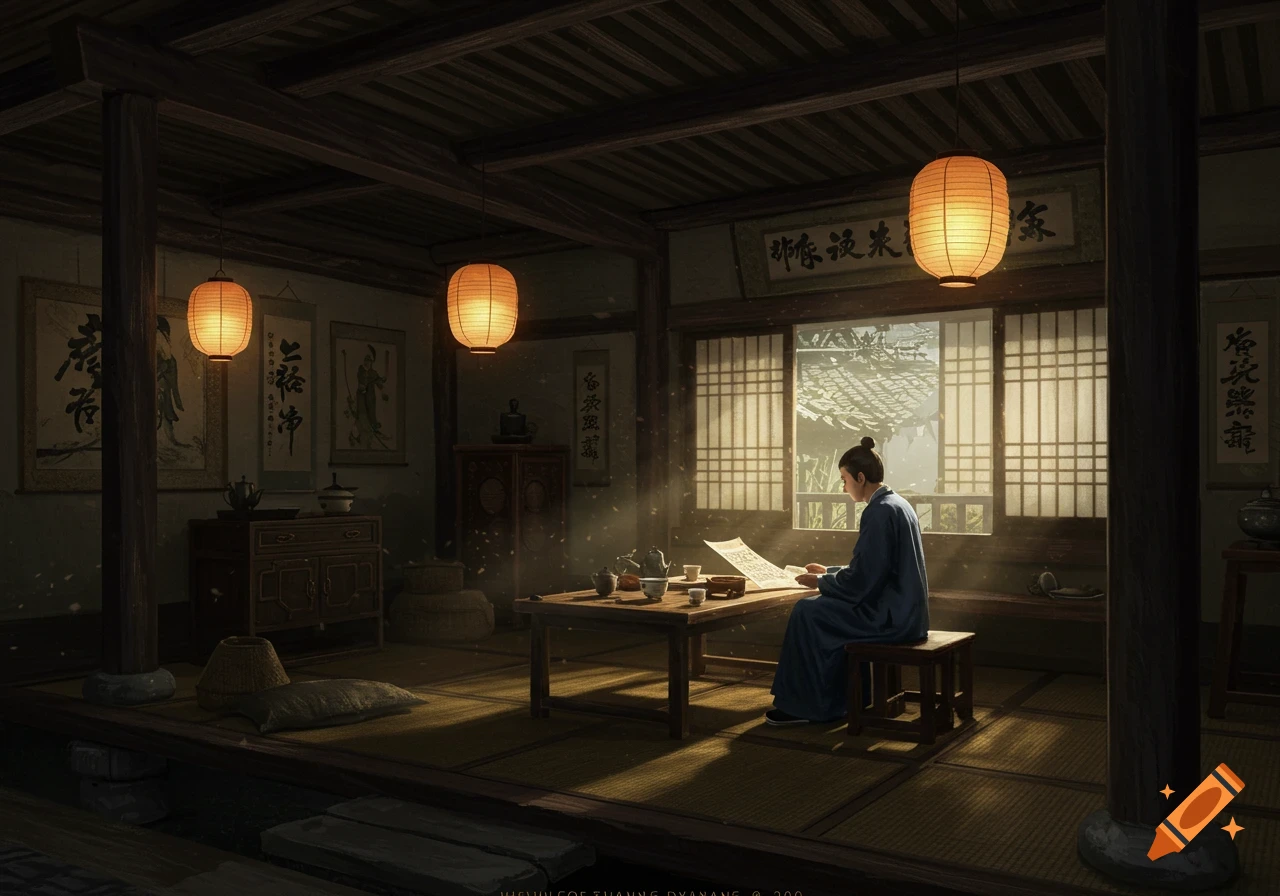 Person reading a scroll at a desk in a traditional Chinese room with ...