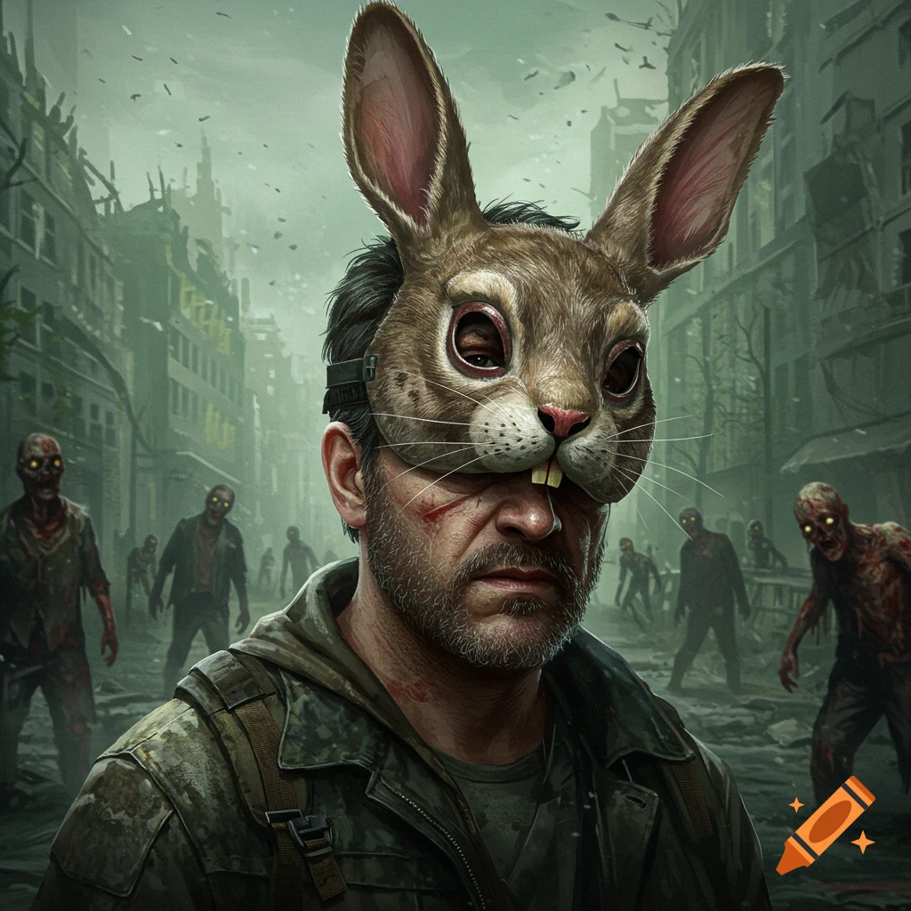A man in a creepy bunny mask stands in a ruined city street surrounded ...