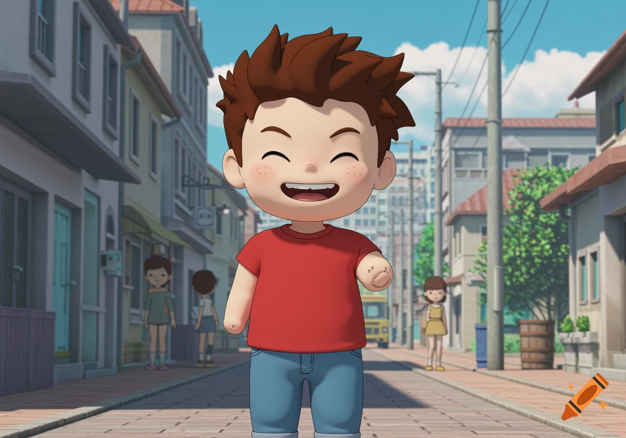 Animation of a smiling boy with a missing left hand standing on a ...
