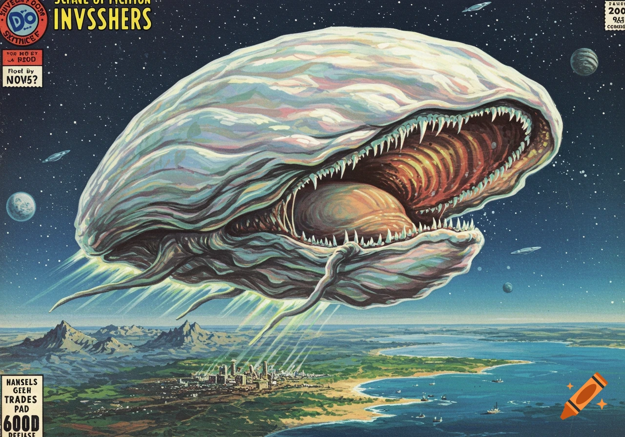 Retro sci-fi illustration of a giant monster spaceship resembling an ...