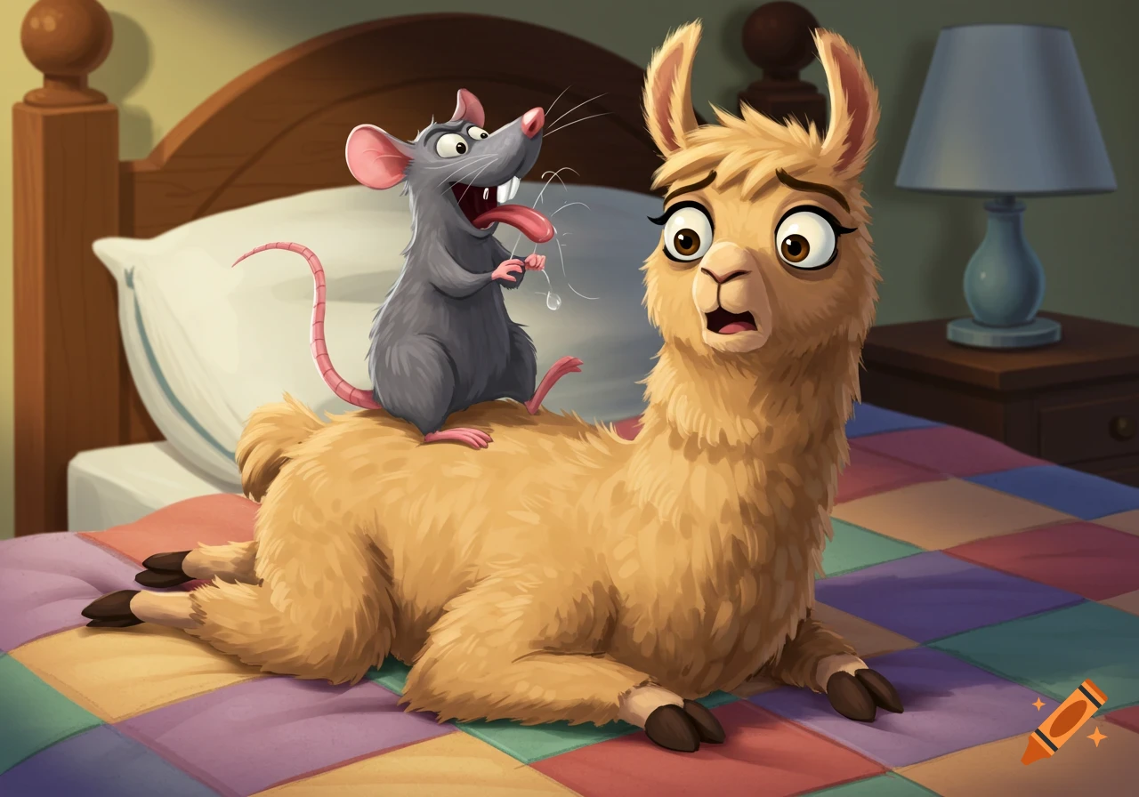 A cartoon rat spits on a wide-eyed llama lying on a bed, in a cartoon ...