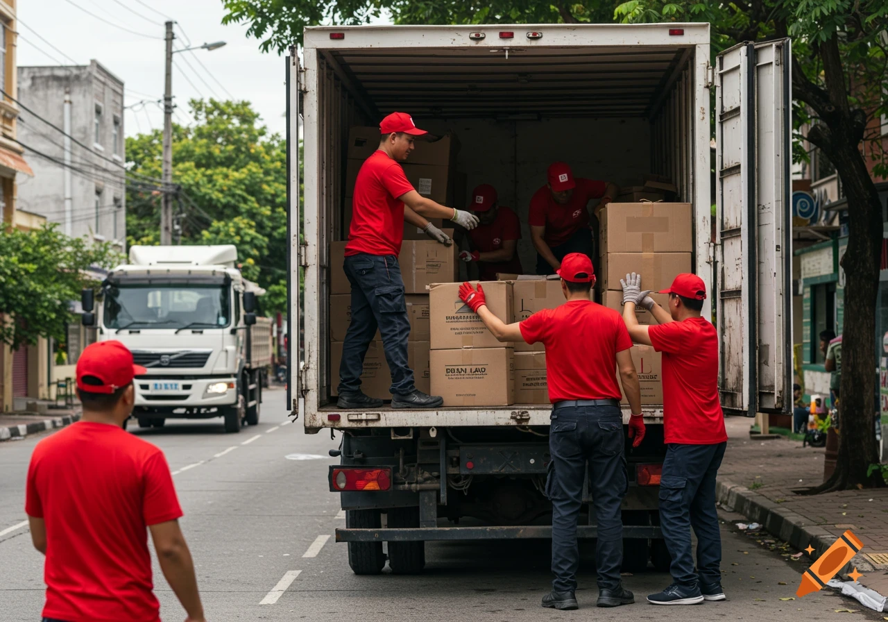 Workers in red shirts load boxes into a white truck on a street. on Craiyon