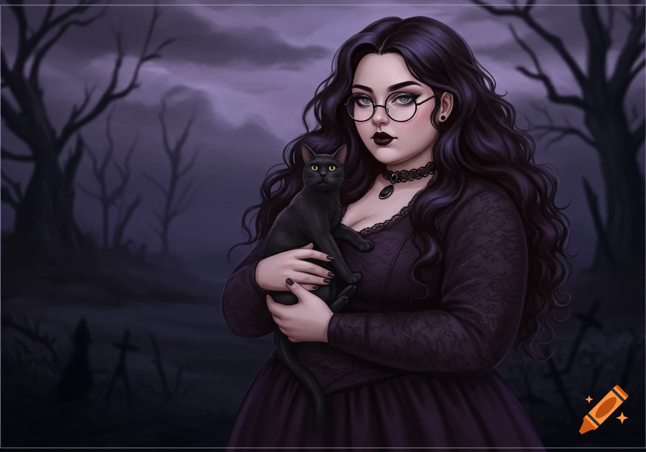 Gothic woman with glasses holding a black cat in a misty, dark ...