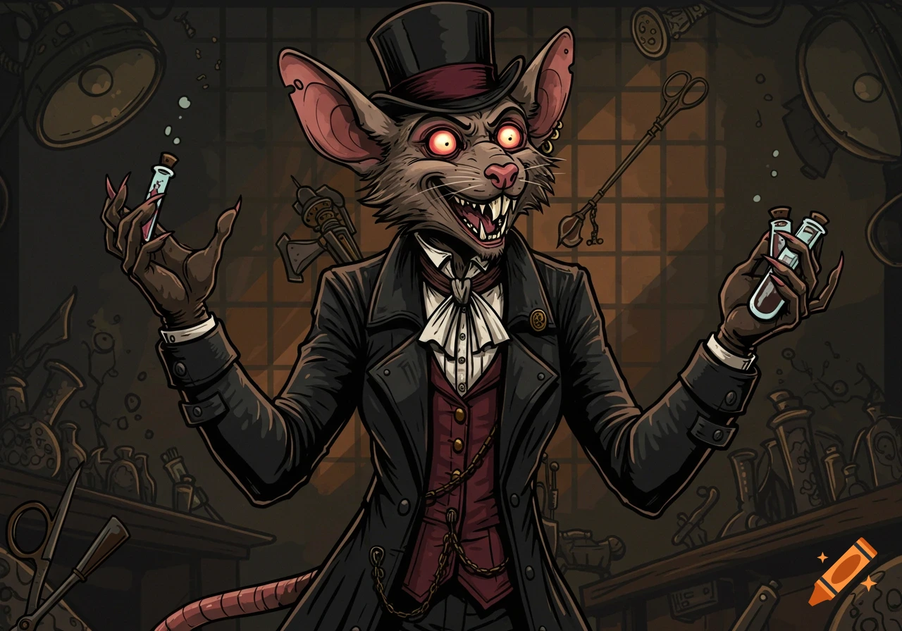A stylized illustration of a mad doctor rat holding vials in a ...