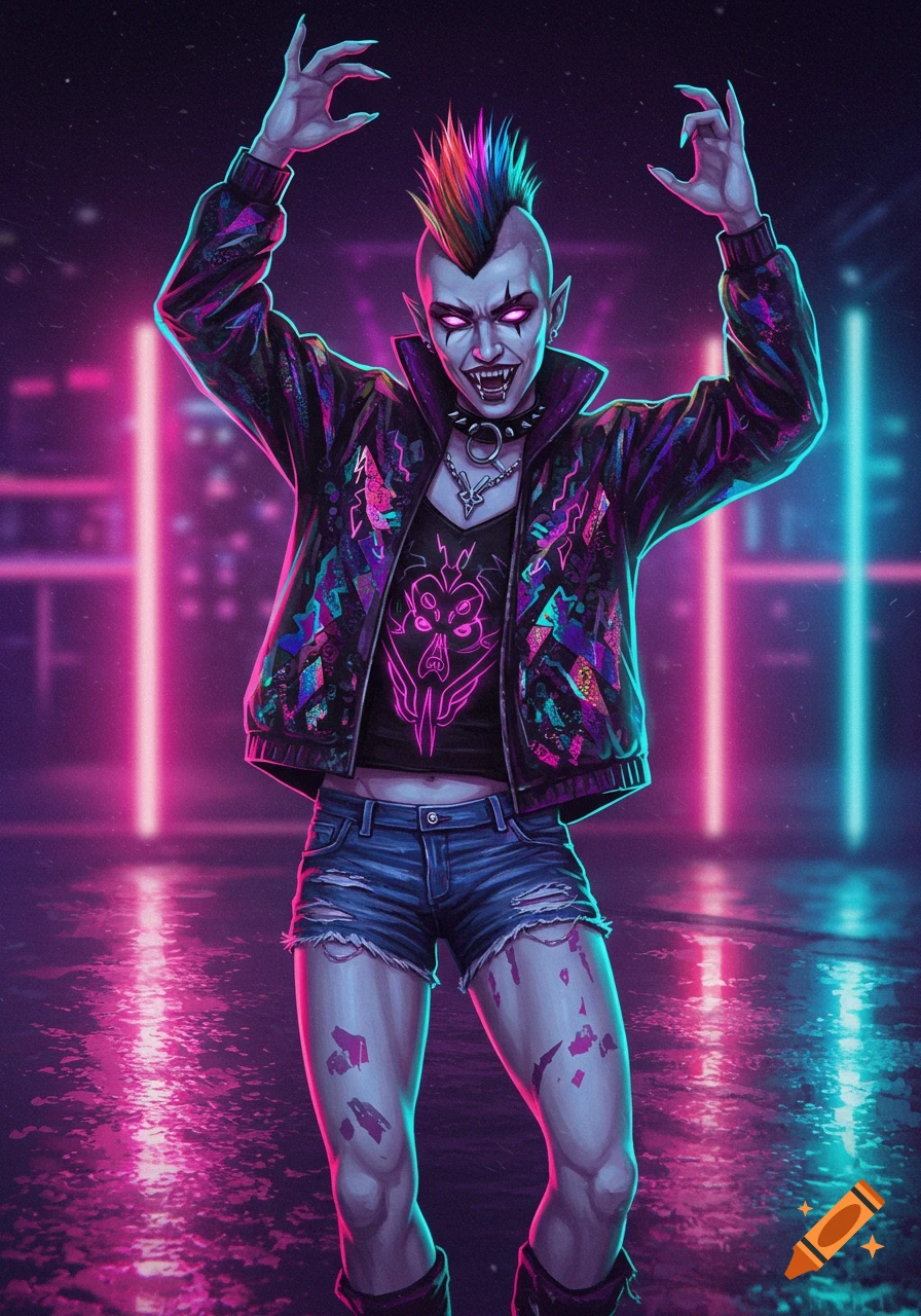 Stylized vampire character with mohawk in cyberpunk city on Craiyon