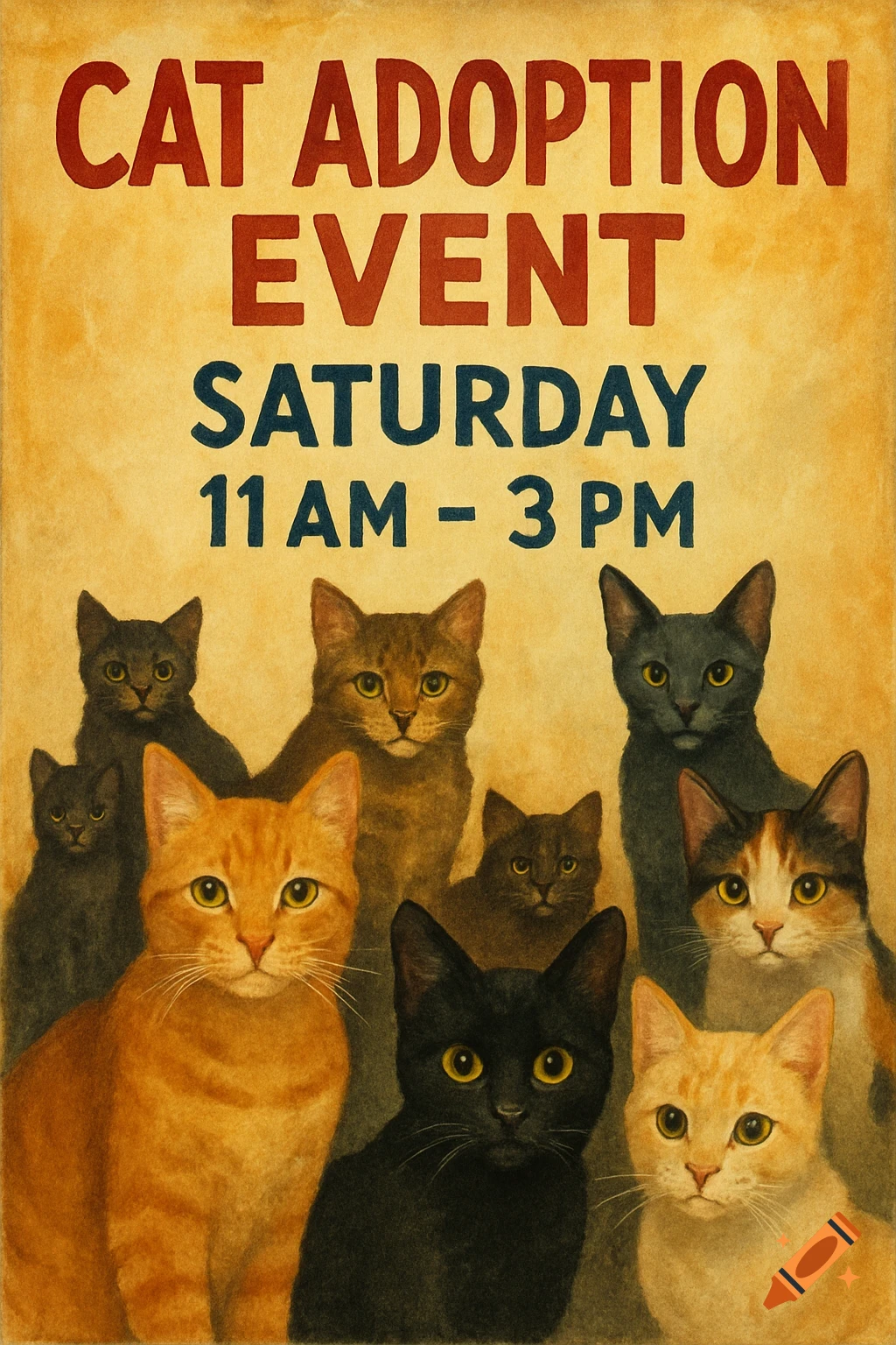 Illustrated poster for a cat adoption event with text and several cats ...