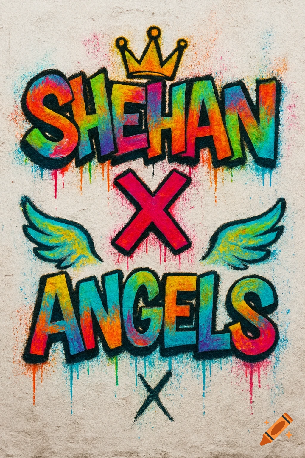 Colorful graffiti with text 'SHEHAN X ANGELS', a crown, and wings on a ...