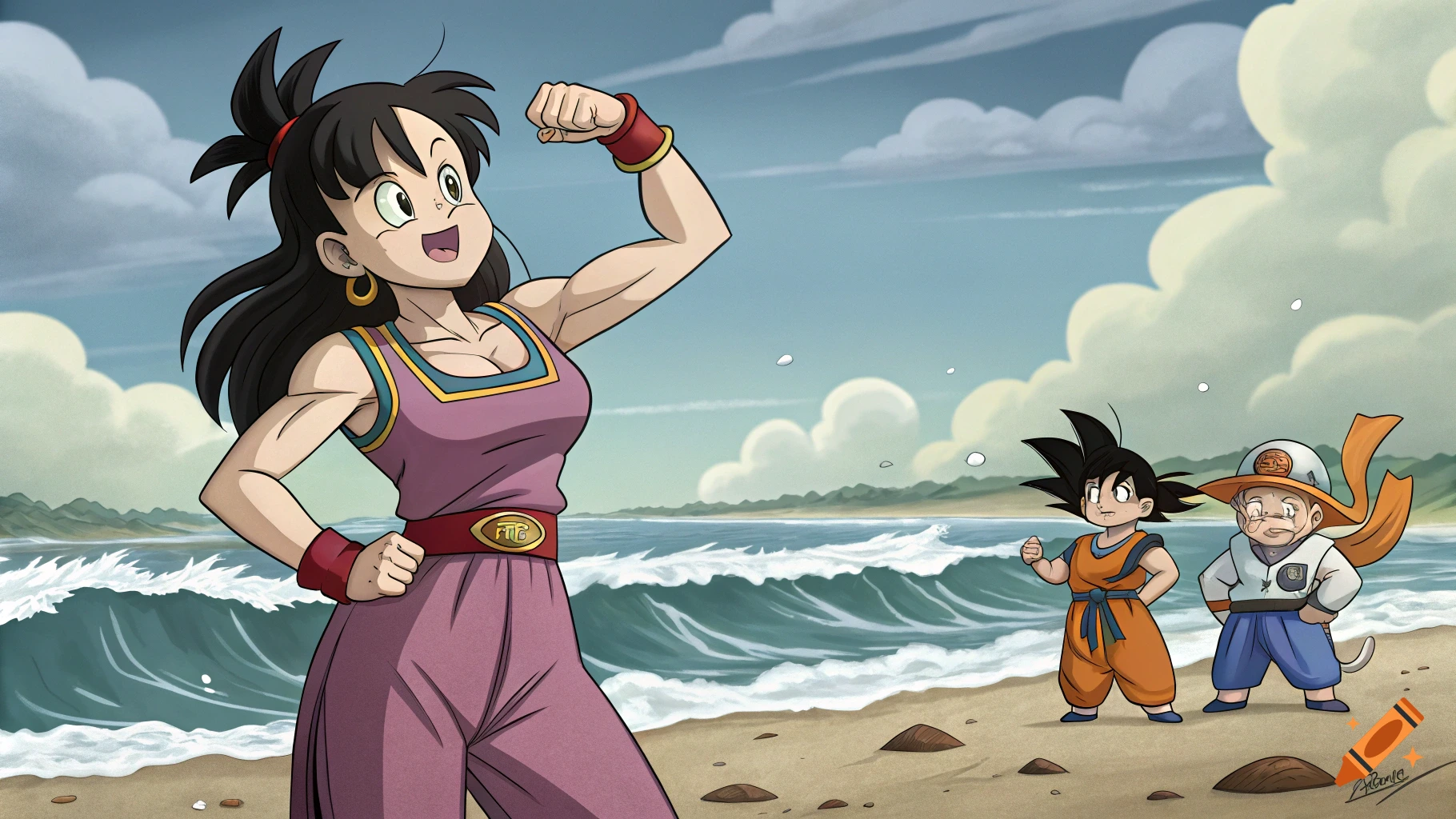 Anime characters from Dragon Ball on a beach. A muscular woman flexes ...