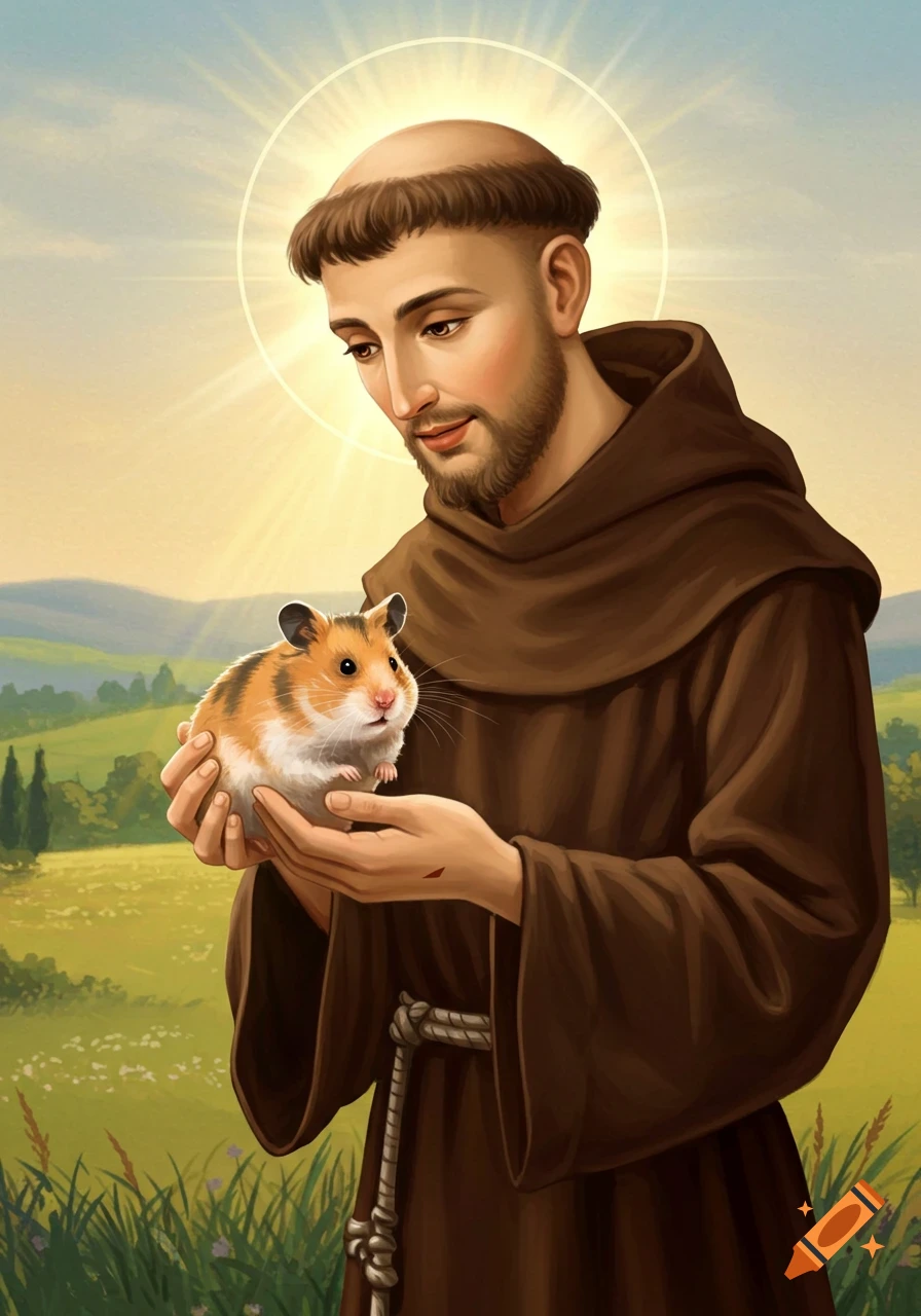 An illustration of Saint Francis of Assisi holding a hamster in a sunny ...