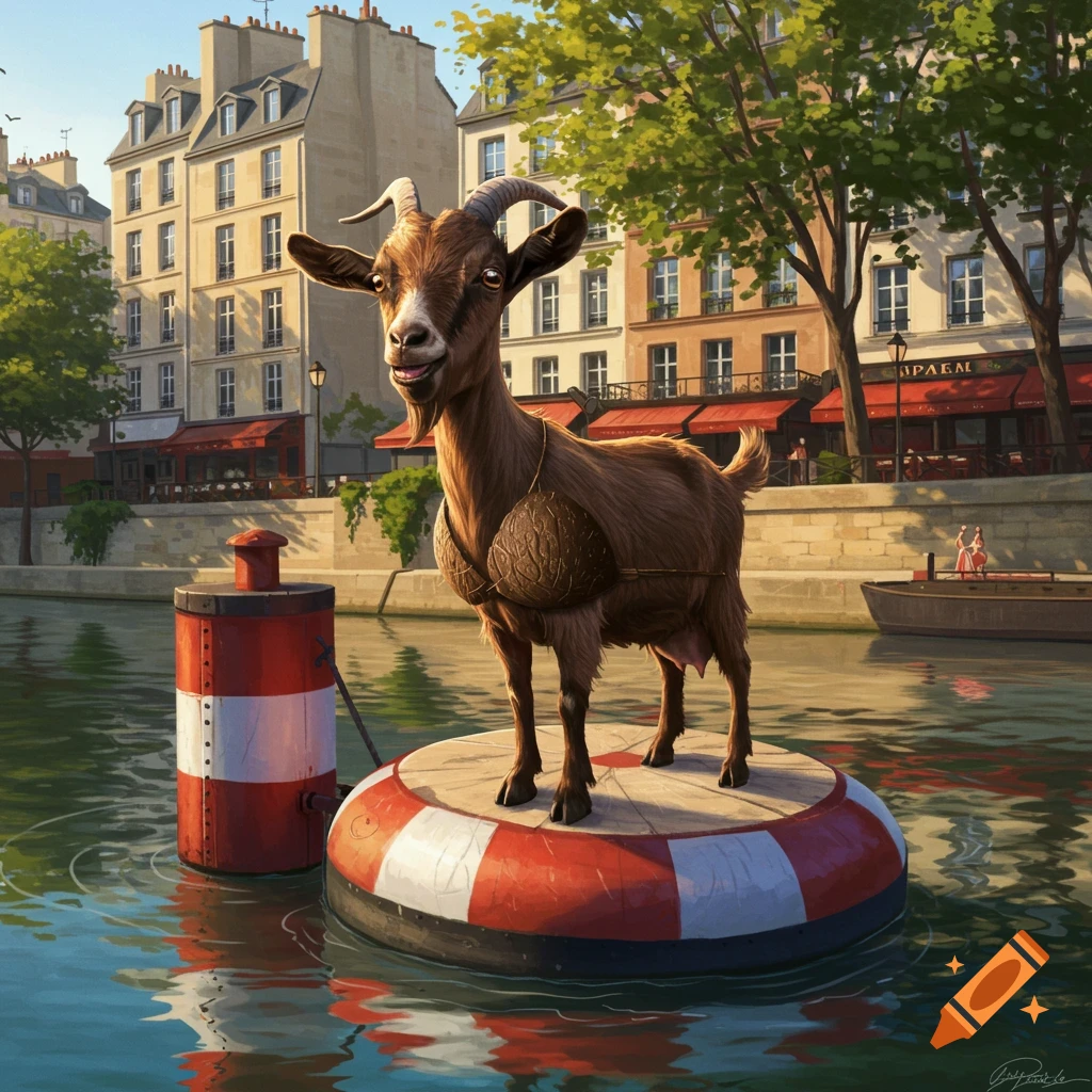 A happy goat wearing a coconut bra stands on a striped buoy in a Paris ...