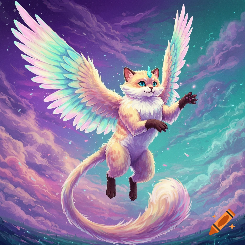 A fluffy, winged cat with a horn flies through a vibrant, cloudy sky ...