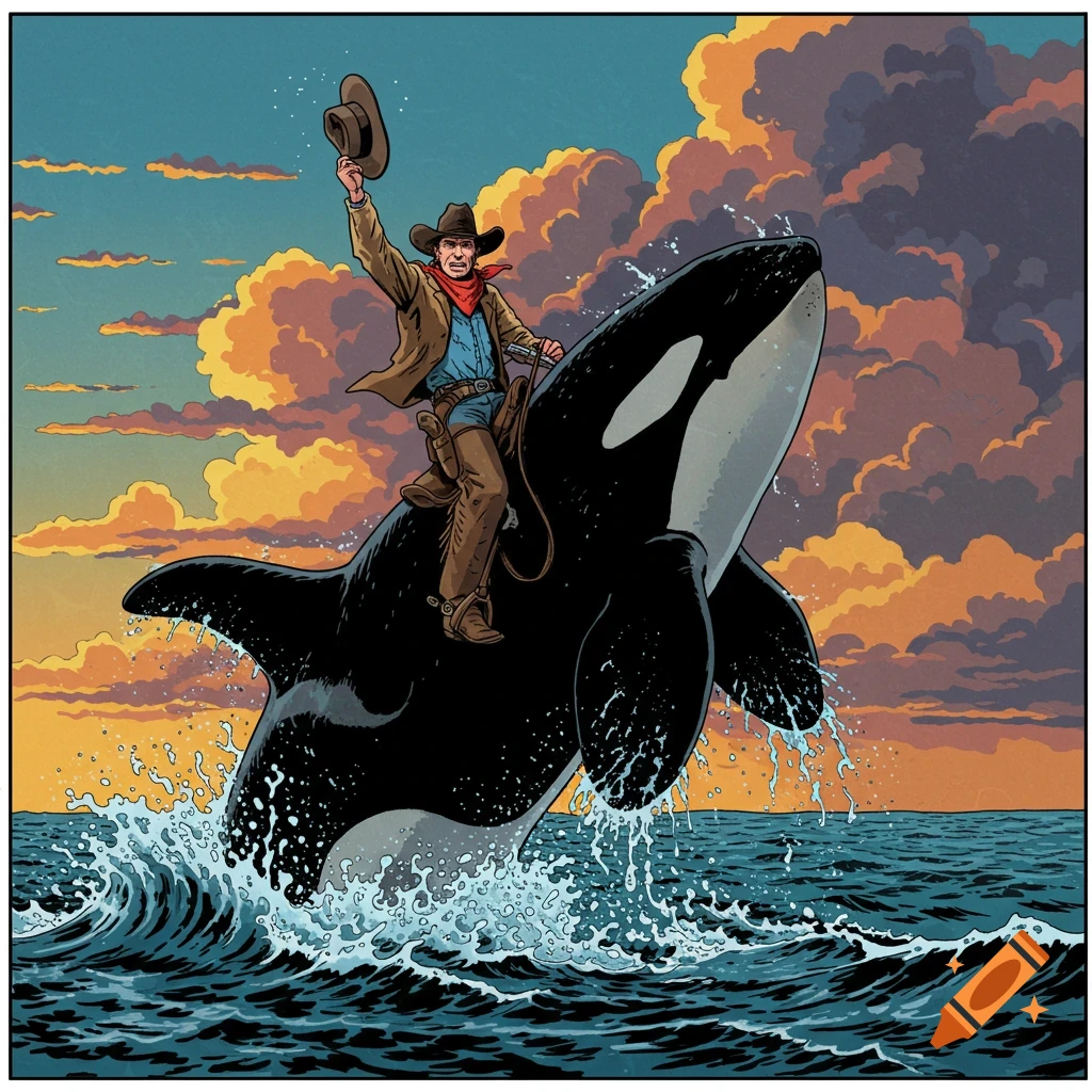Cowboy riding a bucking orca whale in a comic book style illustration ...