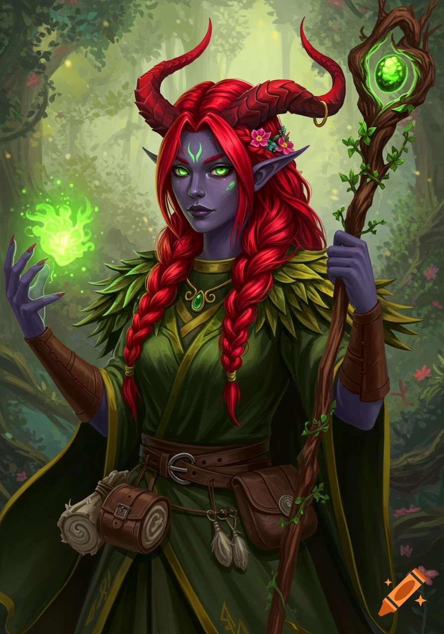 A female Tiefling druid in a forest casts a glowing green spell ...
