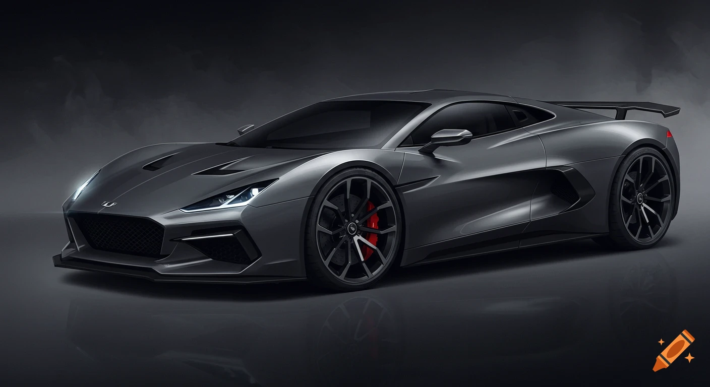 A futuristic grey supercar concept car sits in a dark, smoky ...