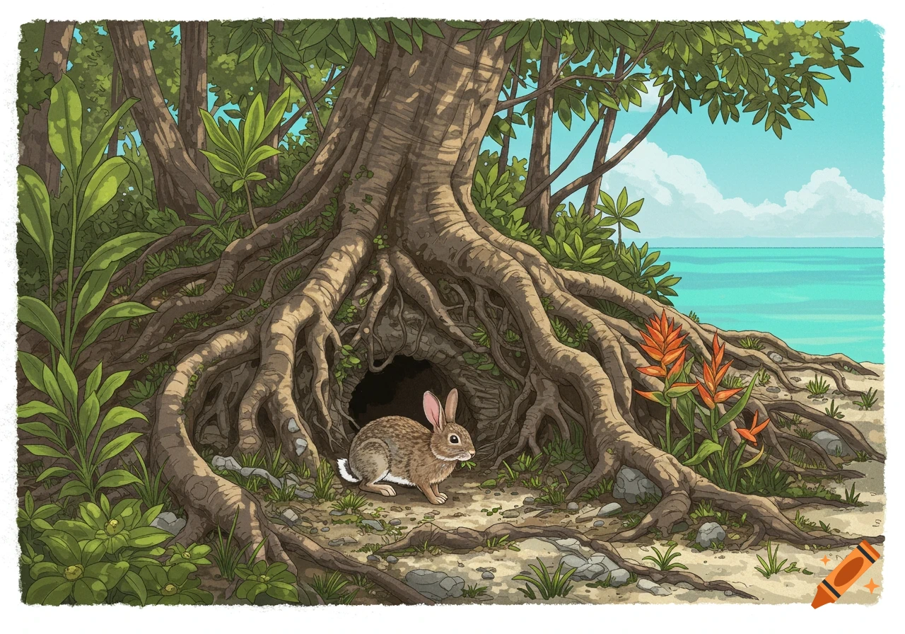 Illustration of a rabbit sitting near the roots of a large tree on a ...