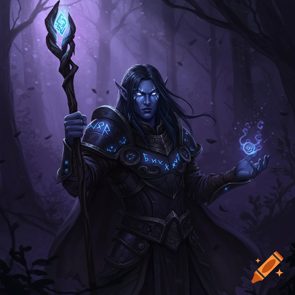 Dark blue-skinned elf mage in armor holding a glowing staff and casting ...