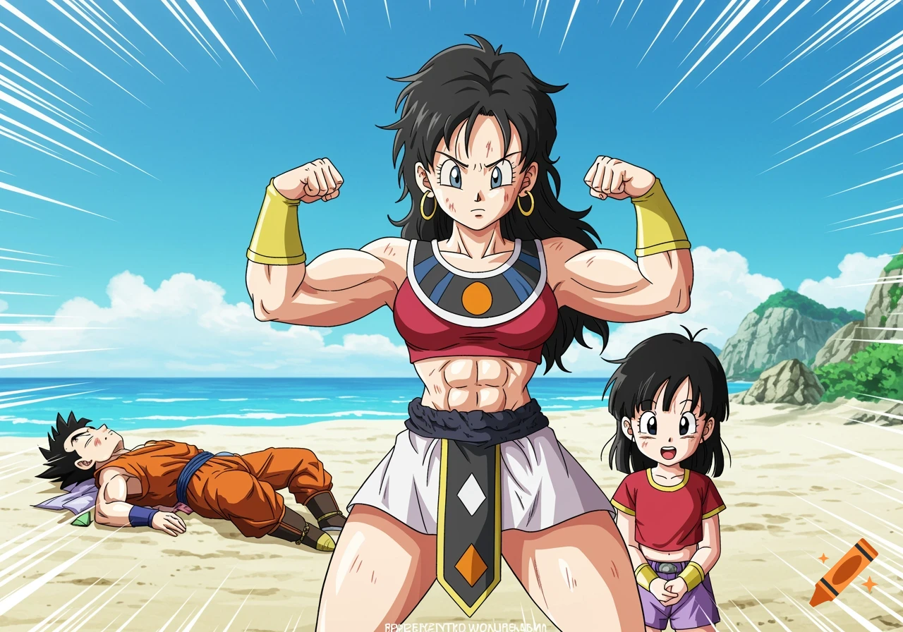 Goddess of Destruction Videl flexing on a beach while daughter Pan ...