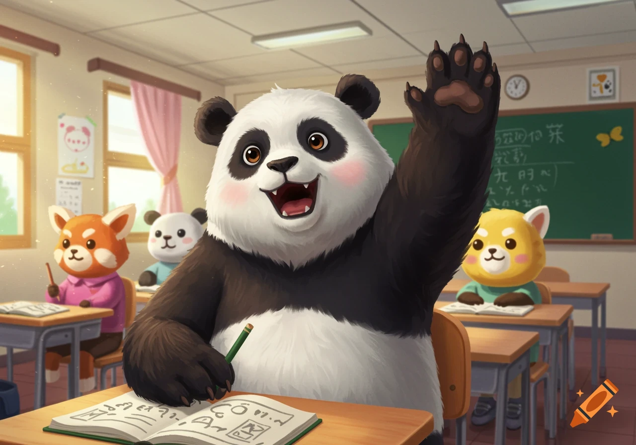 A cartoon panda with a raised paw sits at a desk in a classroom with ...