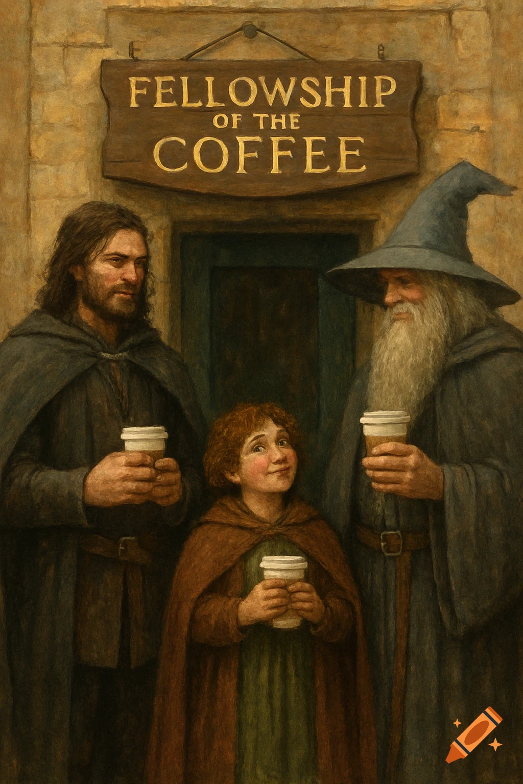Painterly image of three fantasy figures with coffee cups under a sign ...