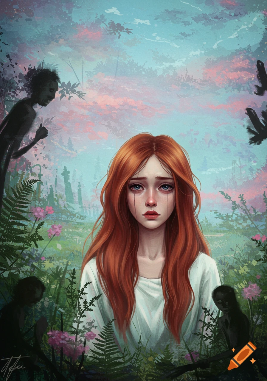 Digital painting of a sad woman with red hair in a field surrounded by ...