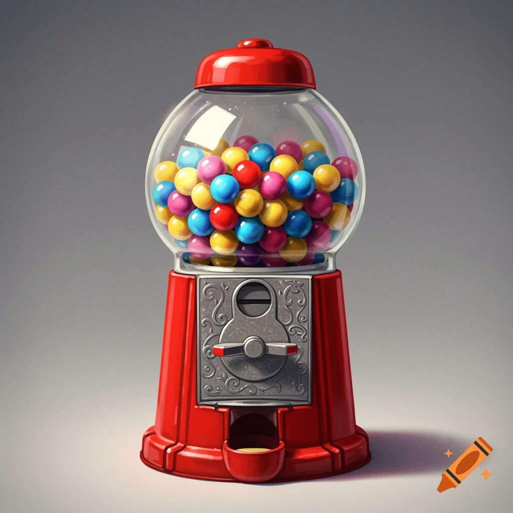 A red gumball machine filled with colorful gumballs. on Craiyon