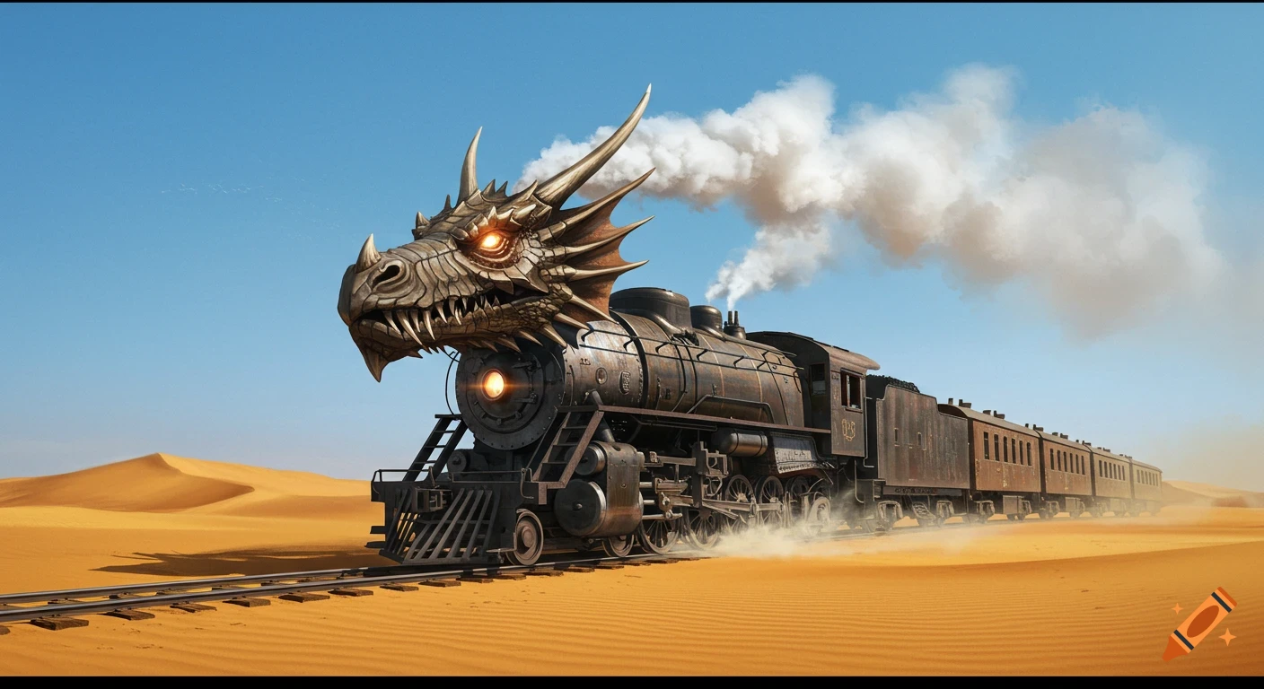 A steampunk train with a dragon head travels through a desert. on Craiyon