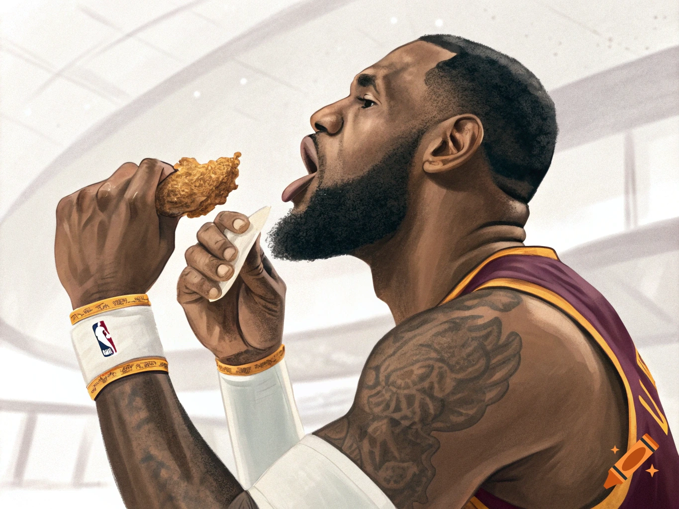 Illustration of LeBron James eating a piece of fried chicken while ...