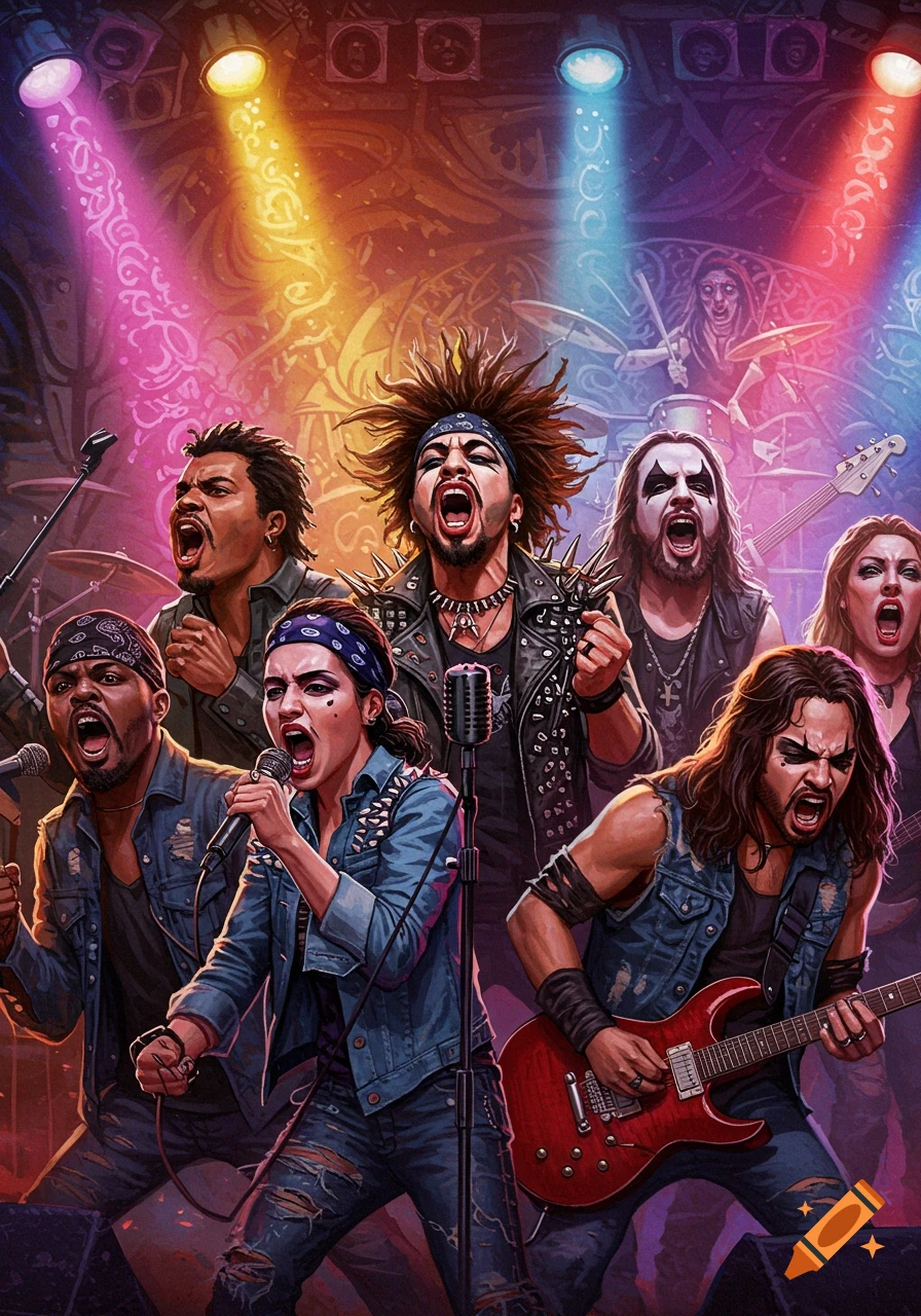 An illustrative image of a heavy metal band with multiple singers and ...