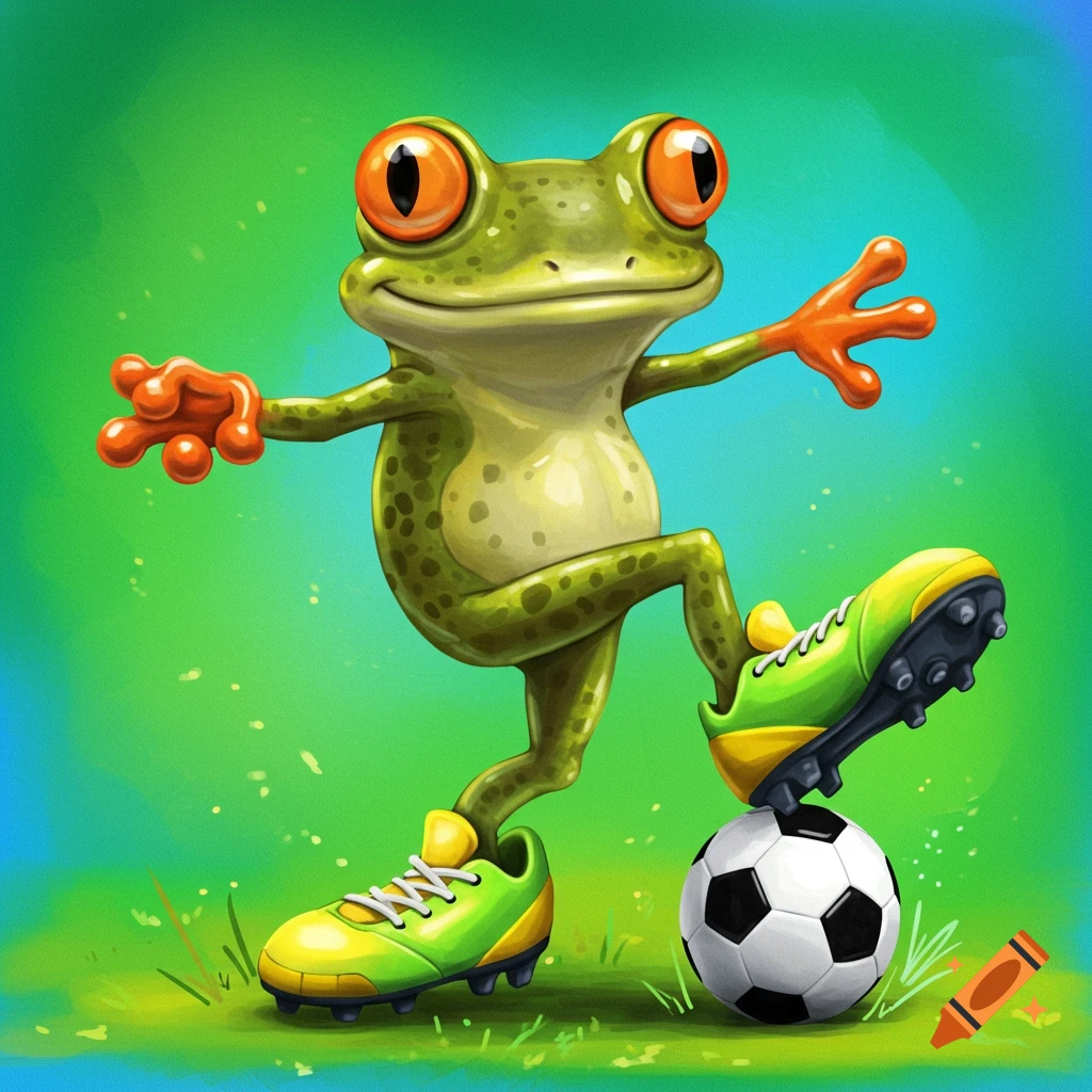 Cartoon illustration of a frog wearing football boots and standing on a ...