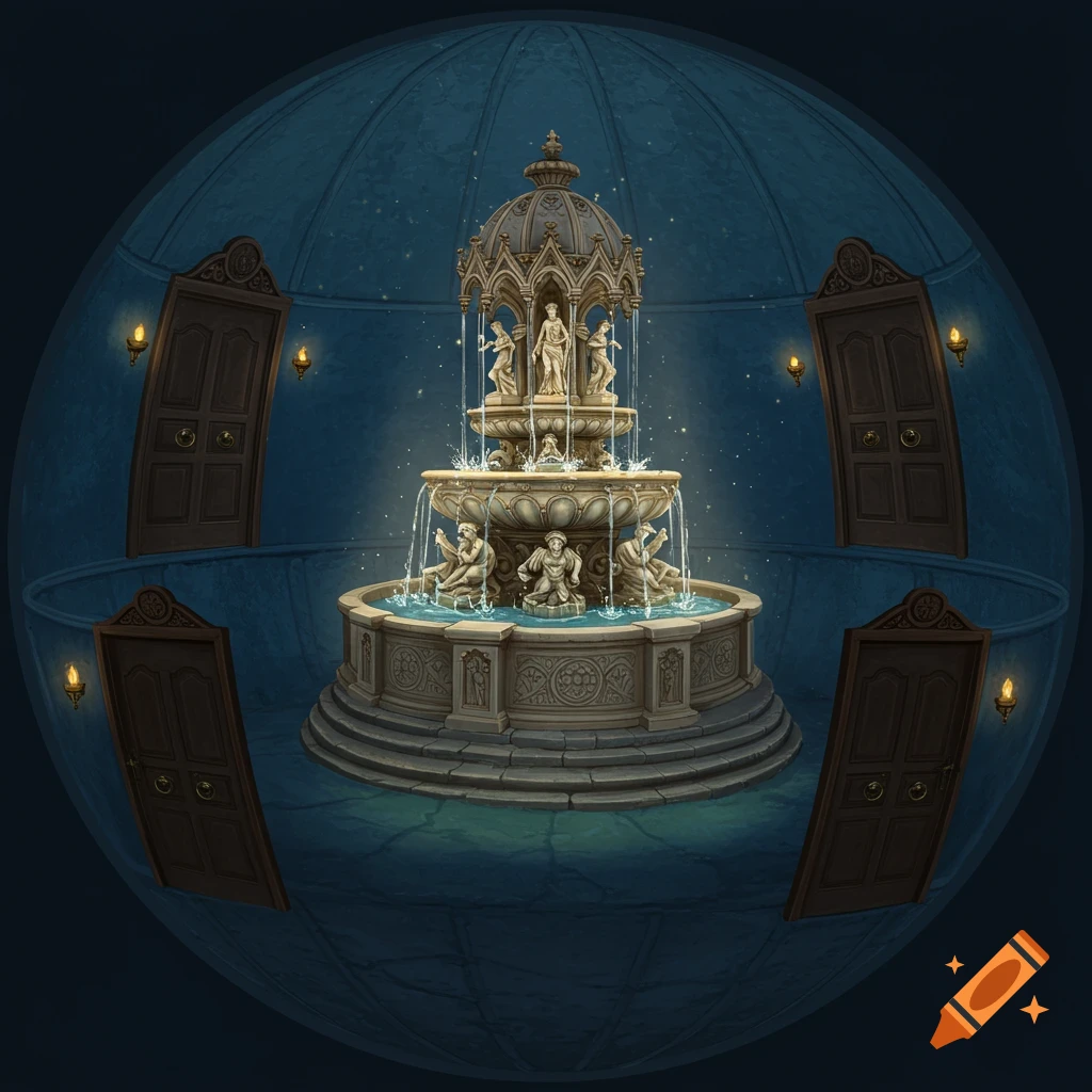 Detailed fountain with statues inside a dark spherical room with four ...