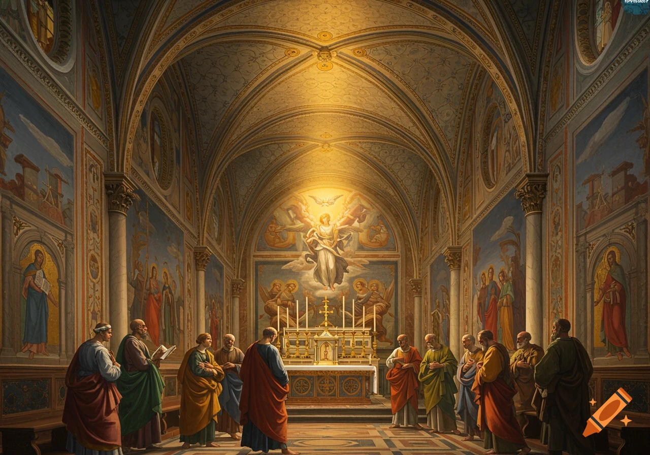 Painting of robed figures gathered in a detailed chapel with frescoes ...