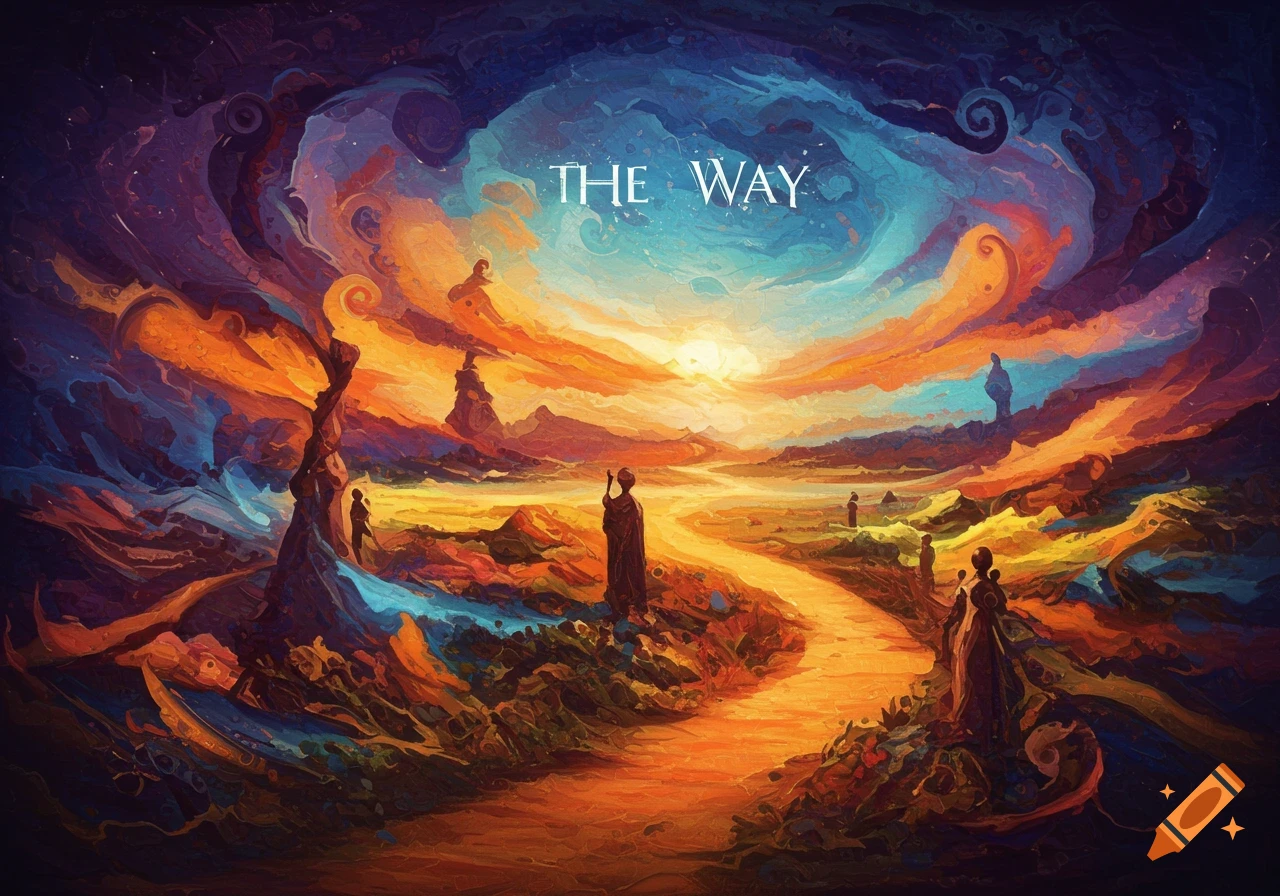 Vibrant, stylized painting of a path through a landscape with figures ...