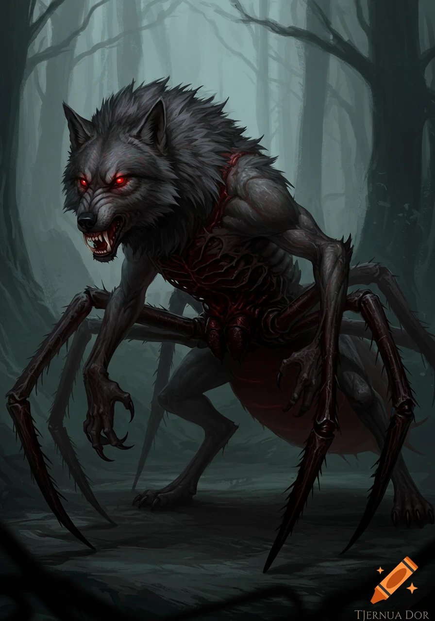 A terrifying half-wolf, half-spider monster with glowing red eyes stands in a dark, misty forest ...