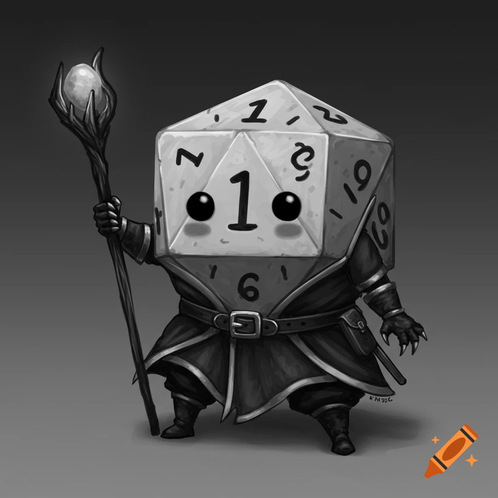 A cute black and white dice character dressed in fantasy robes holds a ...