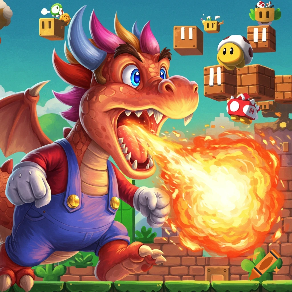 Cartoon dragon in Mario uniform breathing fire in a Super Mario level ...