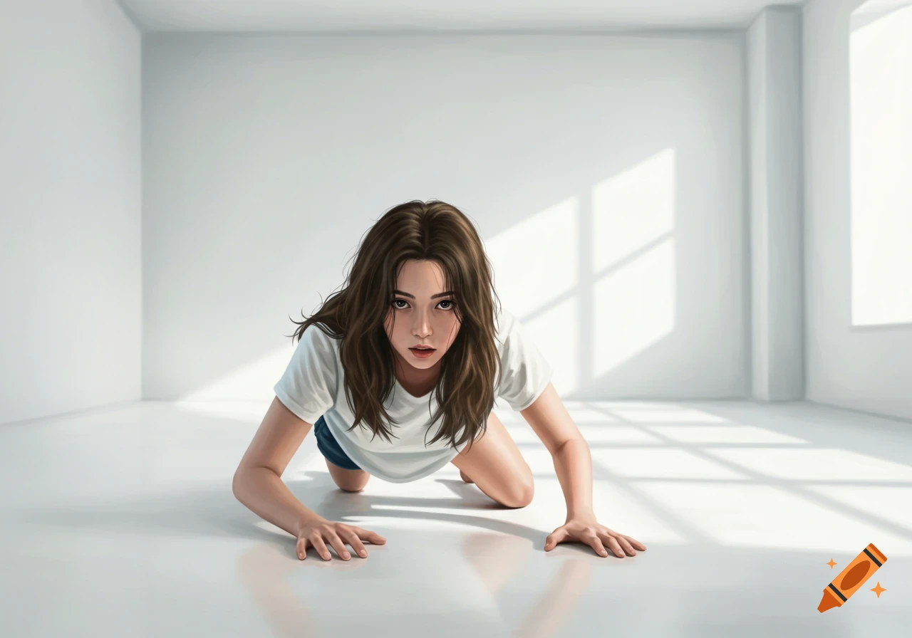 Digital painting of a young woman crawling on the floor of a bright ...