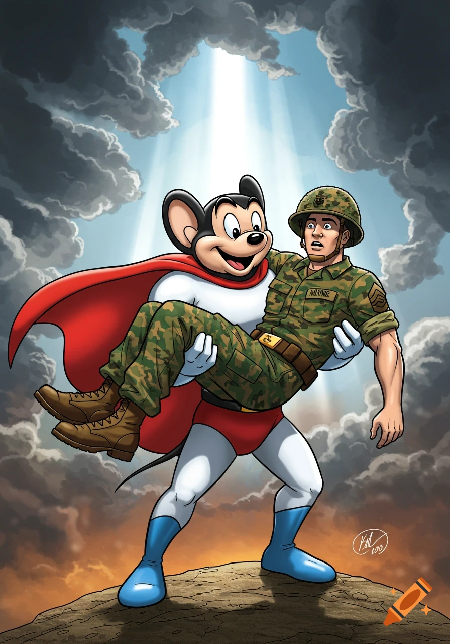 Cartoon superhero Mighty Mouse carries a U.S. Marine through stormy ...
