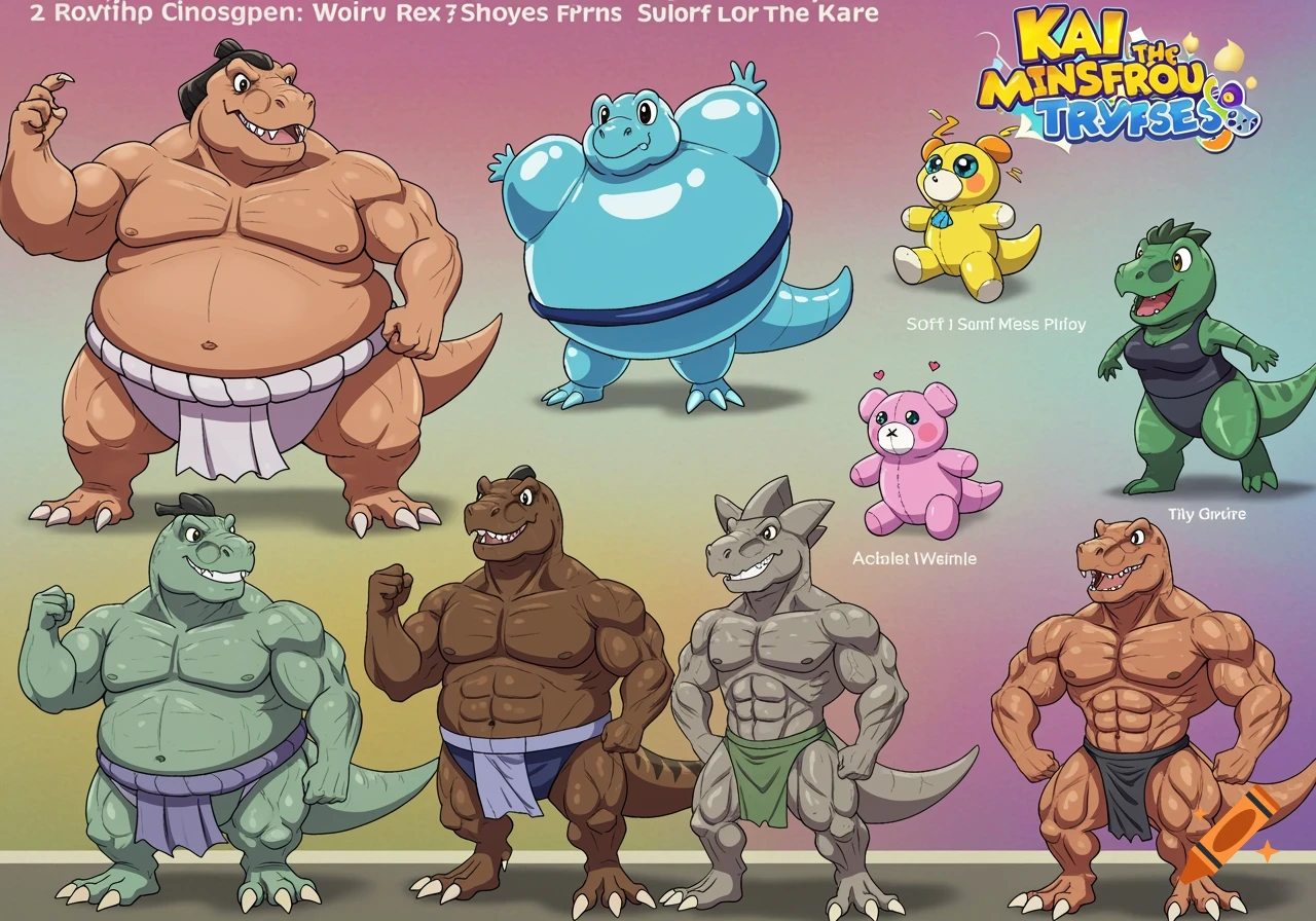 Cartoon illustration of anthropomorphic dinosaurs in various forms including sumo, inflatable ...