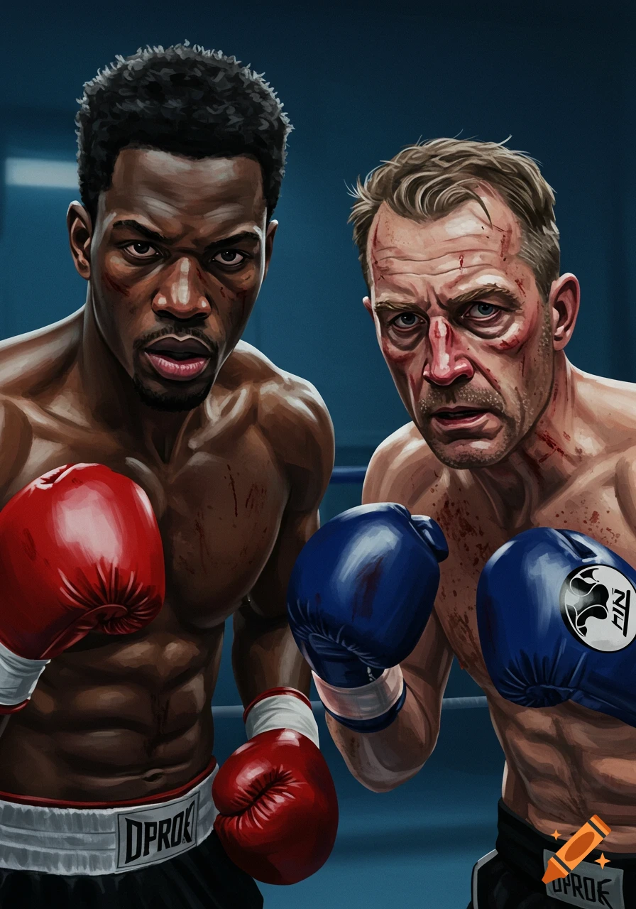 Close-up illustration of two bruised boxers, one Black and one White ...