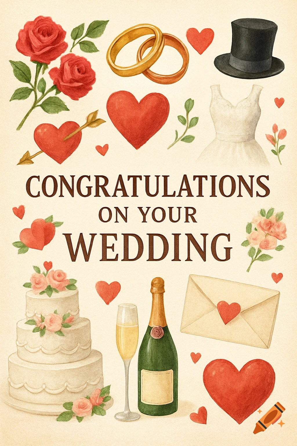 Illustration of wedding imagery: rings, hearts, cake, champagne, dress ...