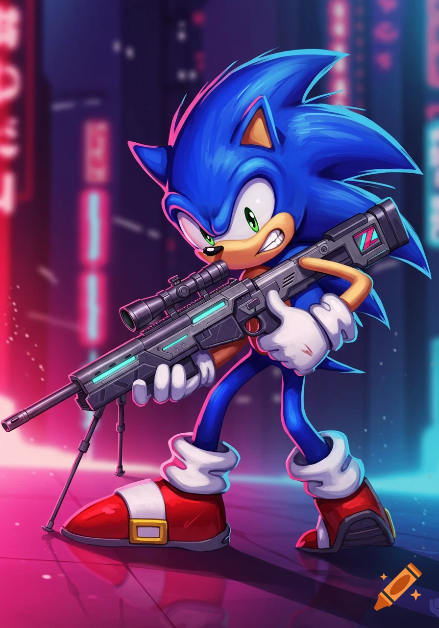 Sonic the Hedgehog holds a futuristic sniper rifle in a neon-lit city ...